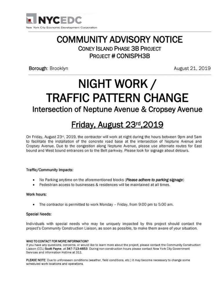 COMMUNITY ADVISORY NOTICE – NIGHT WORK – Sea Gate